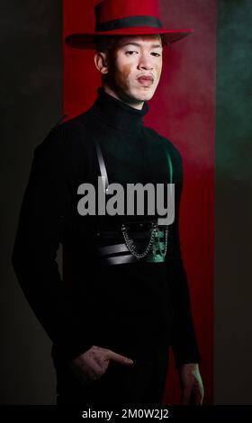 Aesthetic, fashion and black man with vitiligo in studio isolated on a ...