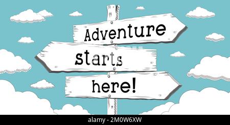 Adventure starts here - wooden signpost with three arrows Stock Photo ...