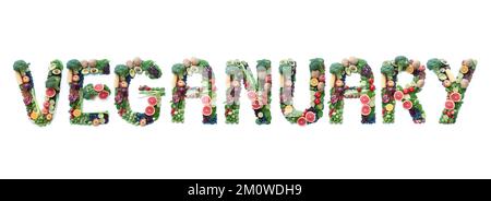 Veganuary word heading created using assorted fruits, vegetables, nuts ...