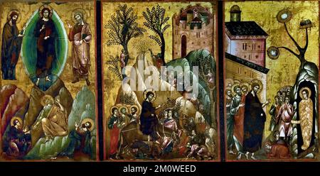 This panel consists of three scenes, the Transfiguration, the Entry of Christ into Jerusalem ...