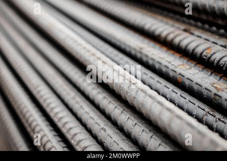 Deformed steel bars for reinforce concrete, metal texture close up ...