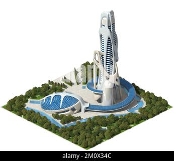 Futuristic architecture for a square tiled game rendered in dimetric ...