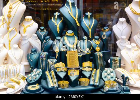 Variety of gold jewelry displayed for sale Stock Photo - Alamy