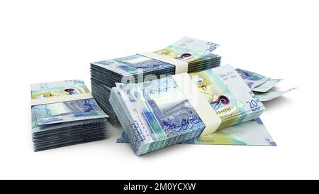 3D rendering of 20 Kuwaiti dinar notes flying in different angles and ...