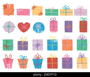 Set of round shaped gift boxes in different colors with golden bow and ...