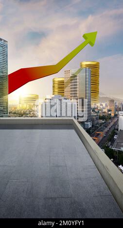 Increased coin graph arrow with cityscape background Stock Photo - Alamy