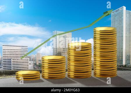 Increased coin graph arrow with cityscape background Stock Photo - Alamy