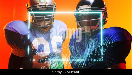 American football players wearing helmets standing face to face by ...