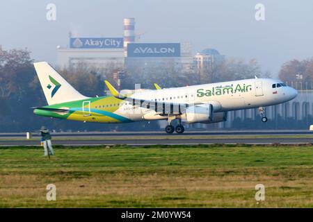 Salam Air airline Airbus A320 airplane landing. Aircraft A320neo of SalamAir, a low-cost airline ...