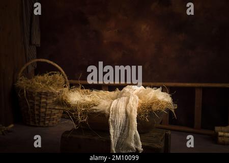 Nativity of Jesus, empty manger at night with bright lights Stock Photo ...