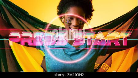 Happy biracial female soccer player with brazilian flag over ...