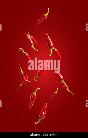 Fresh red chilli peppers floating in the air. food levitation. Falling ...