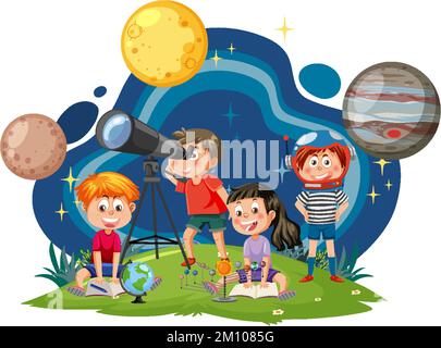 Kids observing planets with telescope illustration Stock Vector Image ...