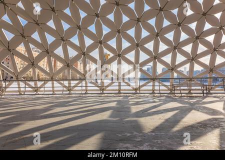 Modern architectural urbanistic Atyrau fish bridge across Ishim river ...