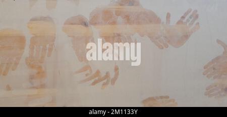handprints on a dusty table Stock Photo - Alamy