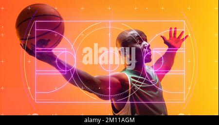 Shocked bald african american player with arms outstretched by glowing ...