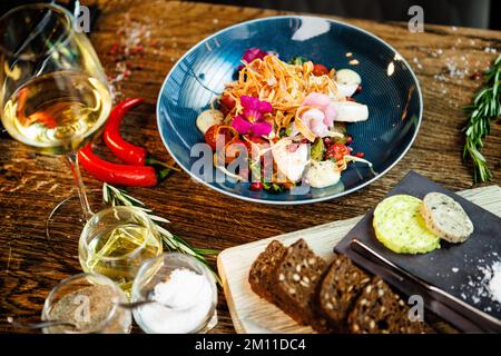 Warm salad with chicken. Almond potato, mini romaine lettuce, carrot ...