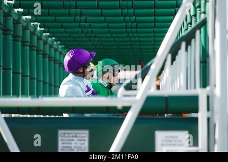 Jockeys seen through the side of the starting gates getting ready to ...
