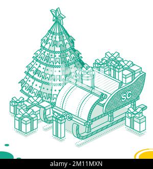 Isometric Open Sleigh with Bunch Gift Boxes and Christmas Tree. Holiday ...