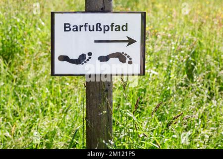 Barefoot walking - path marking in the form of yellow footprints on a ...