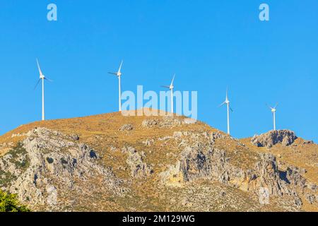 Wind turbines generating electricity, Kerames, Rethymno, Southern Crete ...