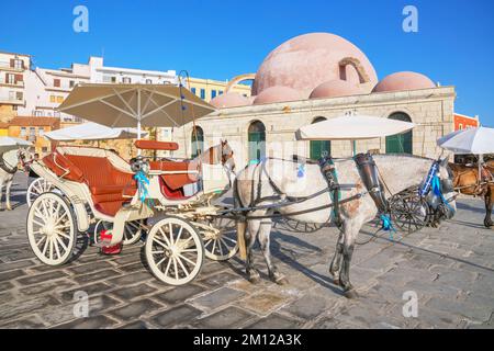 Horse-drawn carriage, Chania, Crete, Greek Islands, Greece Stock Photo ...