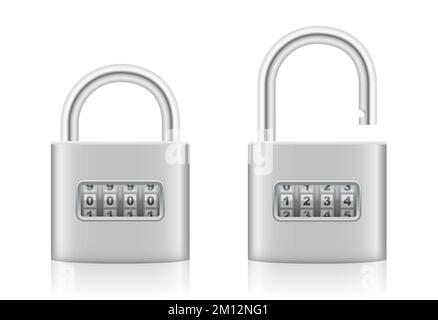 Padlock, locked and unlocked, silver iron steel security device with ...