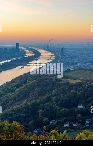 Vienna, sunrise at river Neue Donau (New Danube), tower Donauturm ...