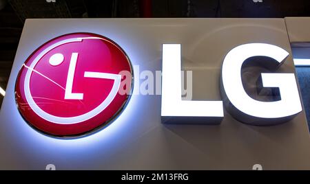 LG logo. Bright neon LG sign. South Korean multinational electronics ...