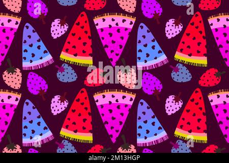 Summer cartoon kawaii fruit seamless strawberry and watermelon slices ...
