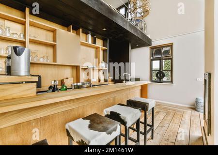 Fragment of interior of light narrow home kitchen with minimalist style ...