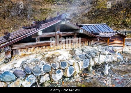 Old wooden onsen bath houses spa buildings in swamp at Nikko Japan ...