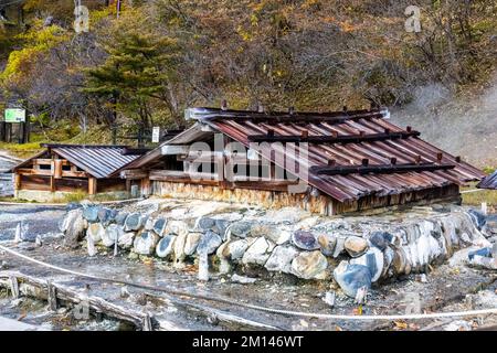 Old wooden onsen bath houses spa buildings in swamp at Nikko Japan ...