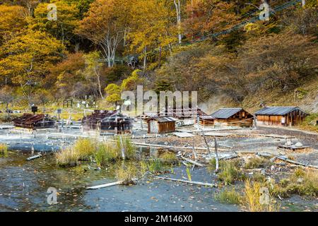 Old wooden onsen bath houses spa buildings in swamp at Nikko Japan ...
