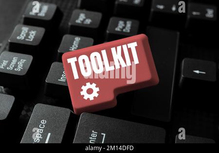 Text sign showing Toolkit. Word for set of tools kept in a bag or box ...