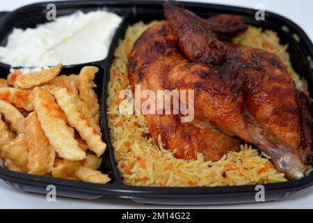 Arabic Syrian cuisine of machine grilled barbecued chicken with ...