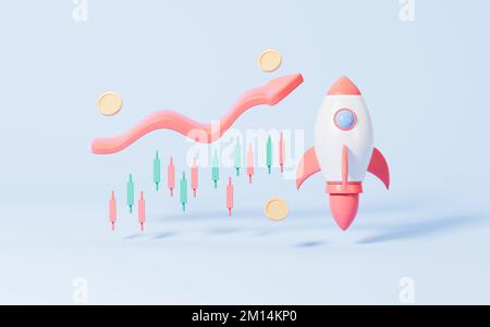 Flying up rocket and stocks in the pink background, Business startup ...