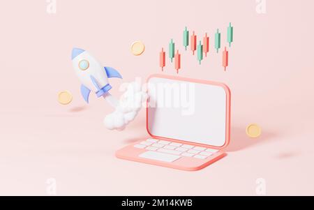 3D. computer and stock chart, A rocket soared up on sky. concept ...