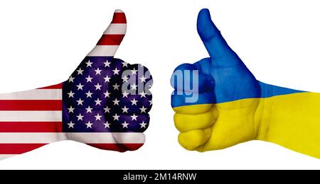 The concept of strengthening the relationship of nations. Two hands are ...