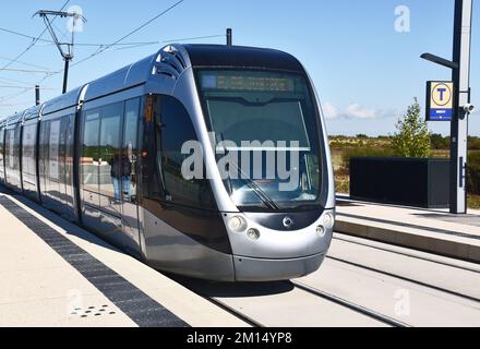 Alstom Citadis 302 type tram at the tram stop for the MEETT exhibition ...