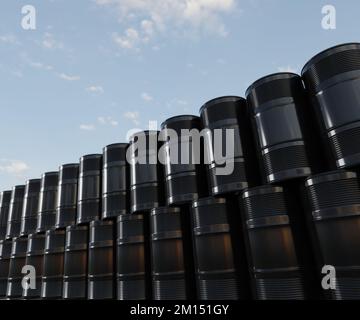 Large industrial stack of oil barrels, 3d rendering. Crude oil, fossil ...