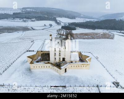 Aerial view of Corgarff Castle in winter snow, Aberdeenshire, Scotland ...
