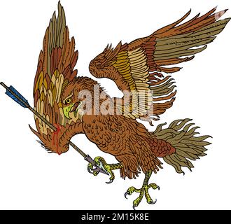 Wounded eagle with an arrow in his wing. Medieval engraving style ink ...