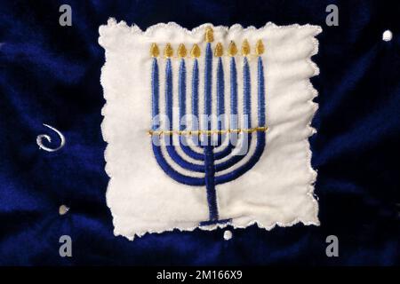 Blue Velvet Happy Hanukkah Banner with detail of Star of David, Dove of ...
