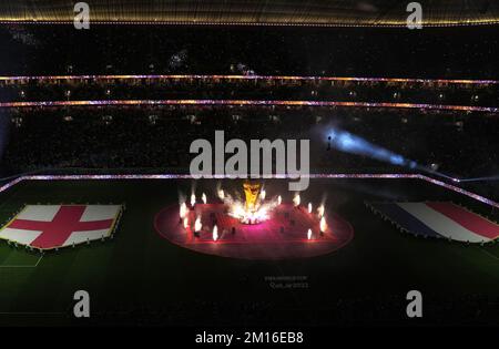 Fireworks illuminate a giant World Cup trophy on the pitch ahead of the ...
