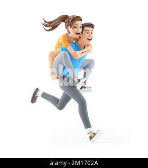 3d character man running with woman on back, illustration isolated on ...