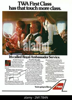 TWA vintage magazine advertisement TWA Ambassador Class advert Stock ...
