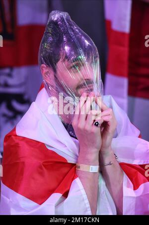 A England fan at BoxPark Wembley, during a screening of the FIFA World ...