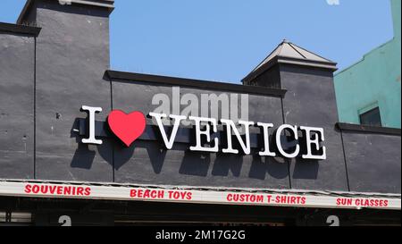 I Love Venice sign on a storefront on the boardwalk in Venice Beach ...