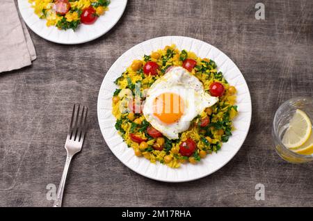 Chinese fried rice with turmeric, chickpeas, tomatoes, kale and with ...